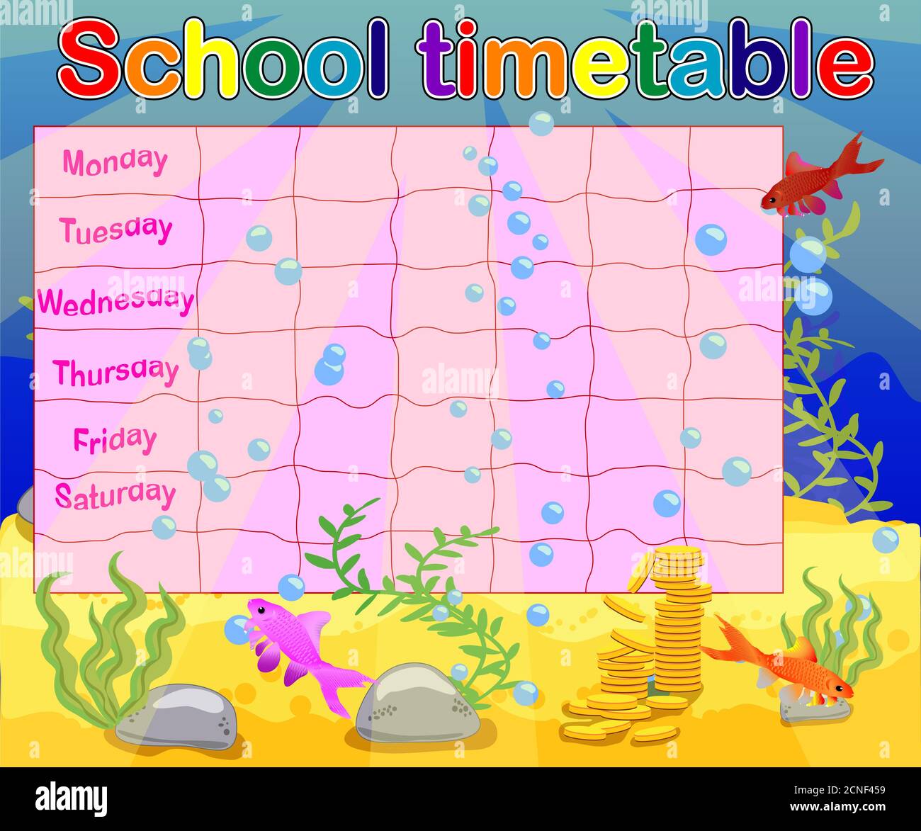 School timetable with marine themes, table, underwater world Stock ...