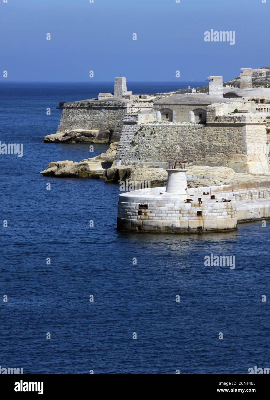 Medieval ramparts and battlements on Fort Ricasoli, a bastioned fort in ...