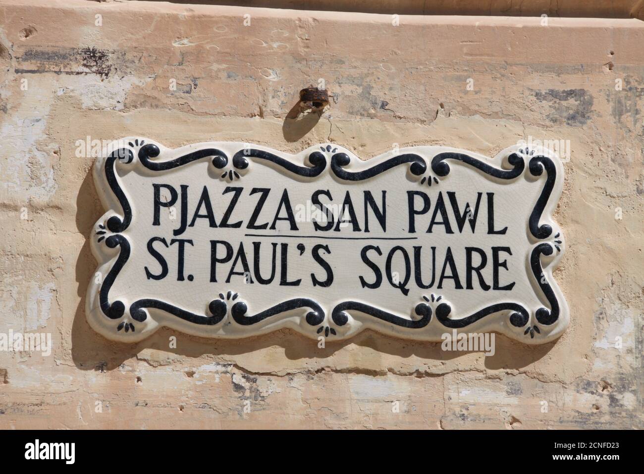 Ornate street sign for St Paul's Square in Mdina, Rabat, Malta Stock ...