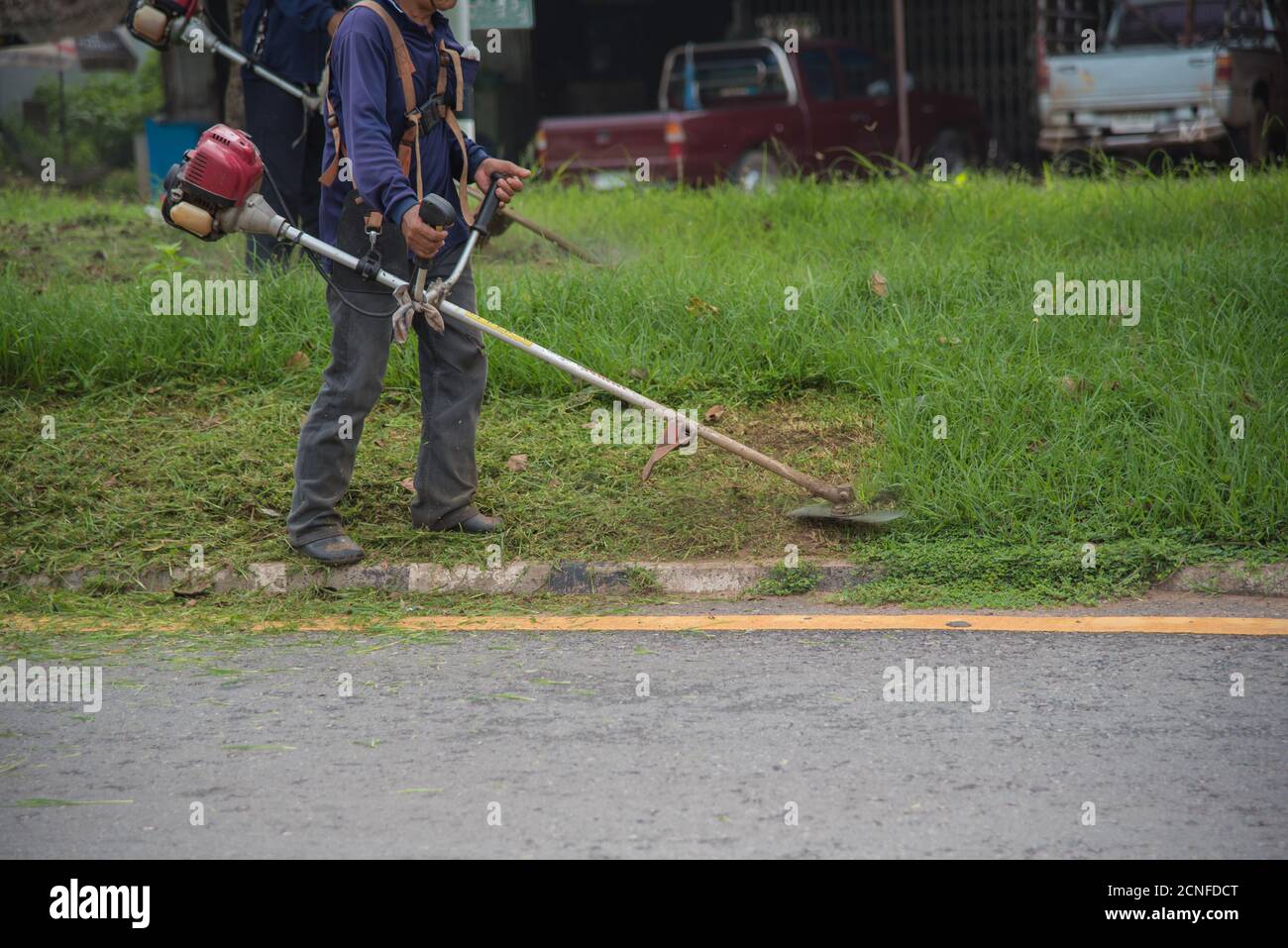 Gardener cutting grass by lawn mower on city street Stock Photo - Alamy