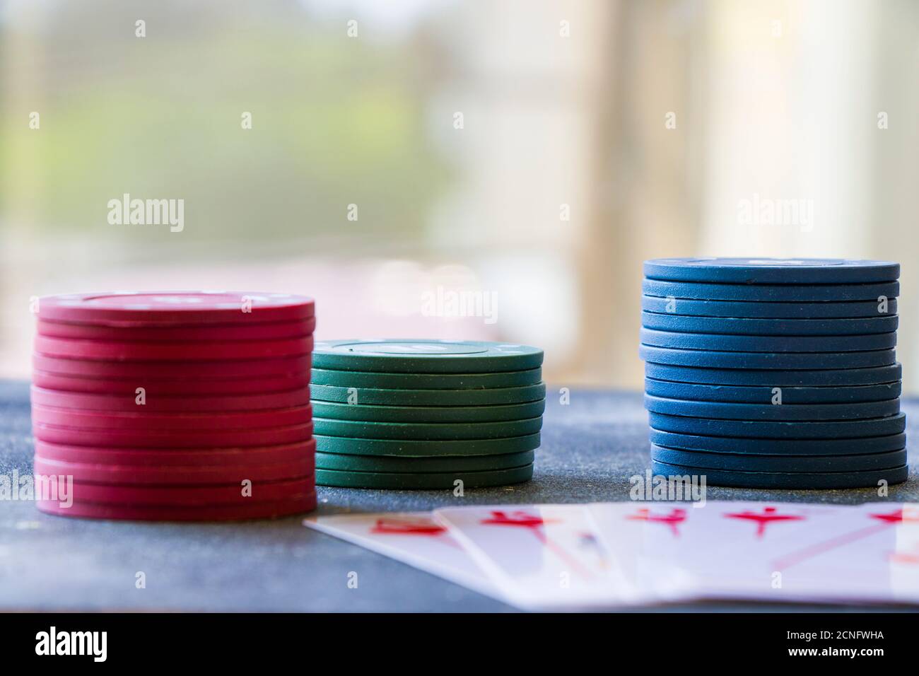 Card dealer chips on the poker and blackjack table, play cards Stock ...