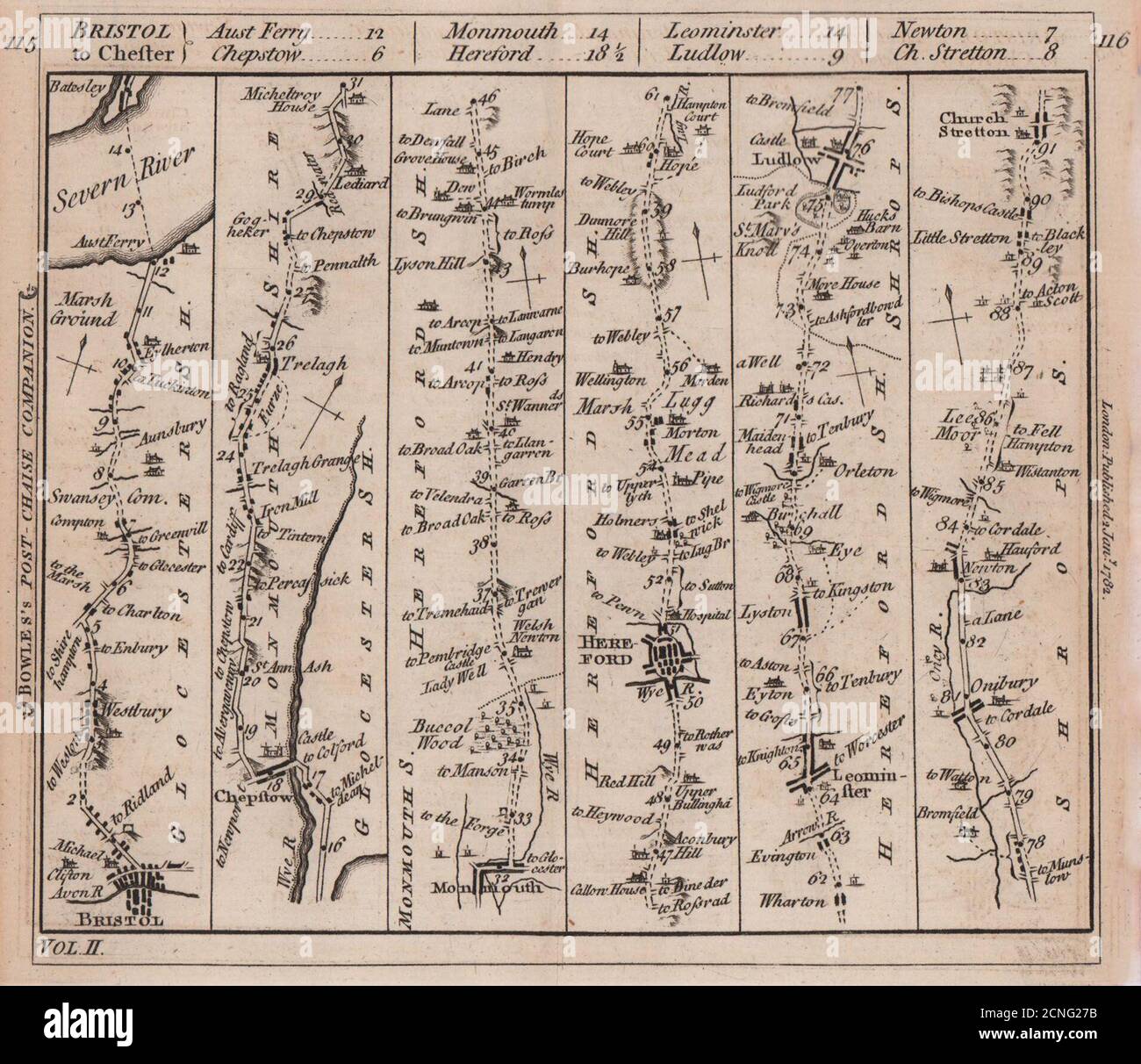 Bristol-Chepstow-Monmouth-Hereford-Ludlow road strip map. BOWLES 1782 ...