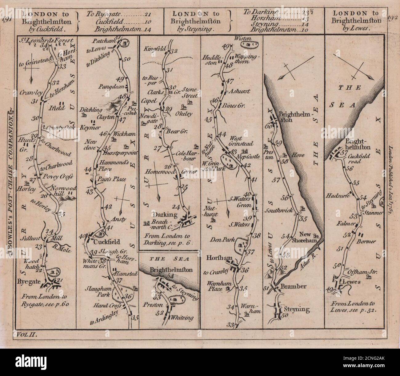 Reigate-Brighton. Dorking-Horsham-Brighton. Lewes road strip map BOWLES ...