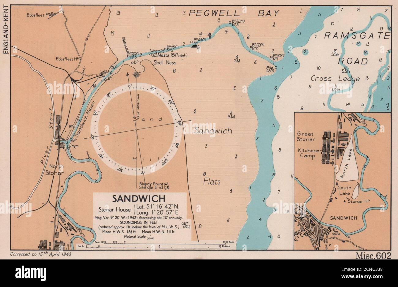 Sandwich town plan & sea coast chart. Stonar. Kent. ADMIRALTY 1943 old ...