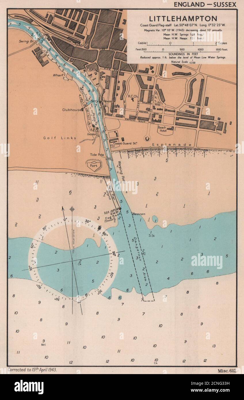 Littlehampton town plan & sea coast chart. Sussex. ADMIRALTY 1943 old ...