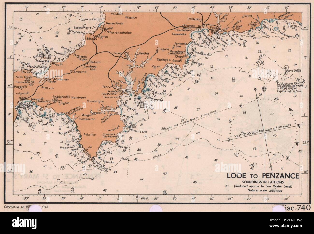 Looe to Penzance sea coast chart. Cornwall. ADMIRALTY 1943 old vintage ...