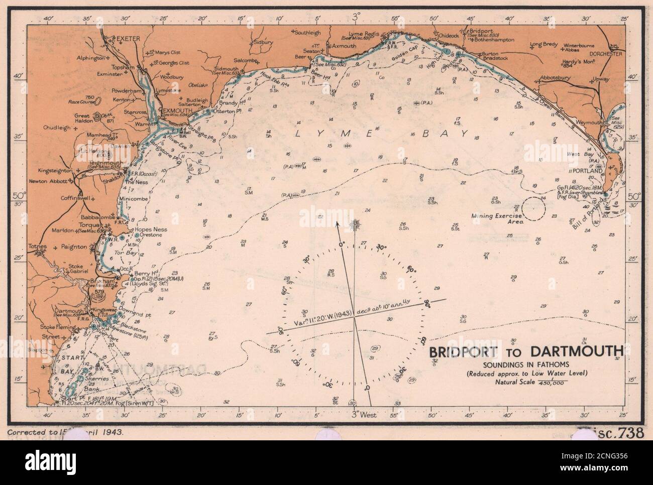 Bridport to Dartmouth. Lyme Bay Torbay sea coast chart. ADMIRALTY 1943 ...