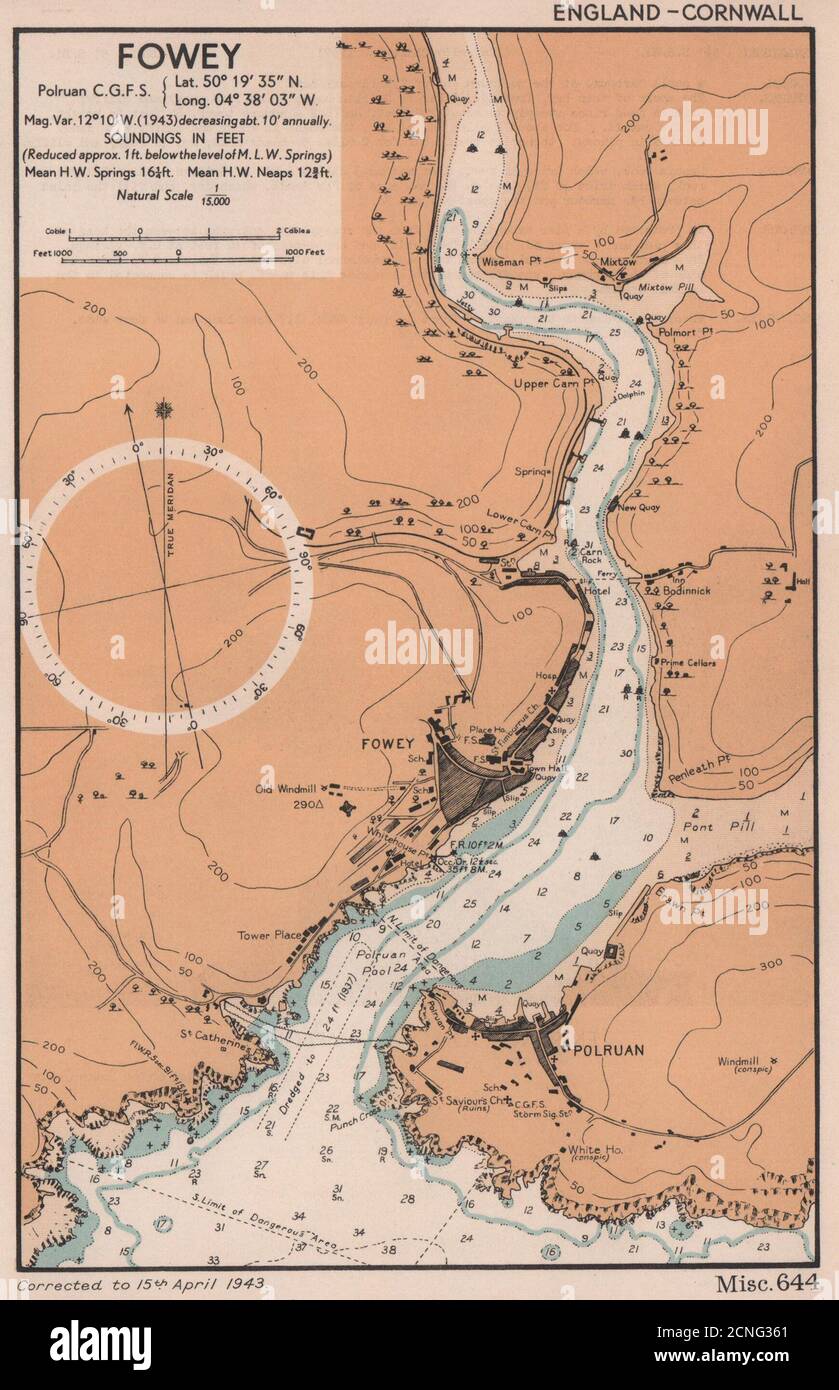 Fowey, Polruan & Bodinnick sea coast chart. Cornwall. ADMIRALTY 1943 ...
