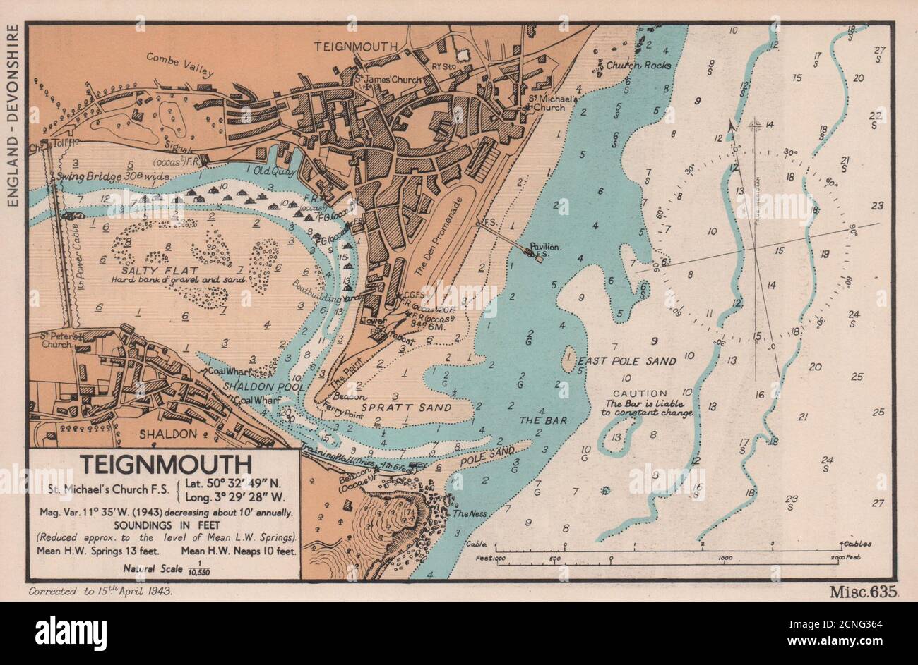 Teignmouth & Shaldon town plan & sea coast chart. Devon. ADMIRALTY 1943 ...
