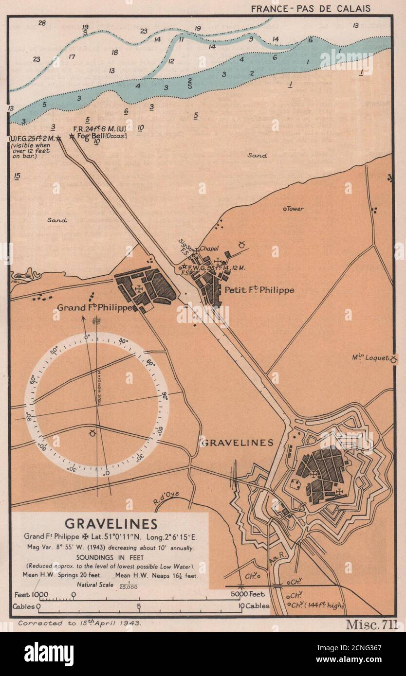 Gravelines & Ft. Philippe plan/sea coast chart D-Day planning map ...