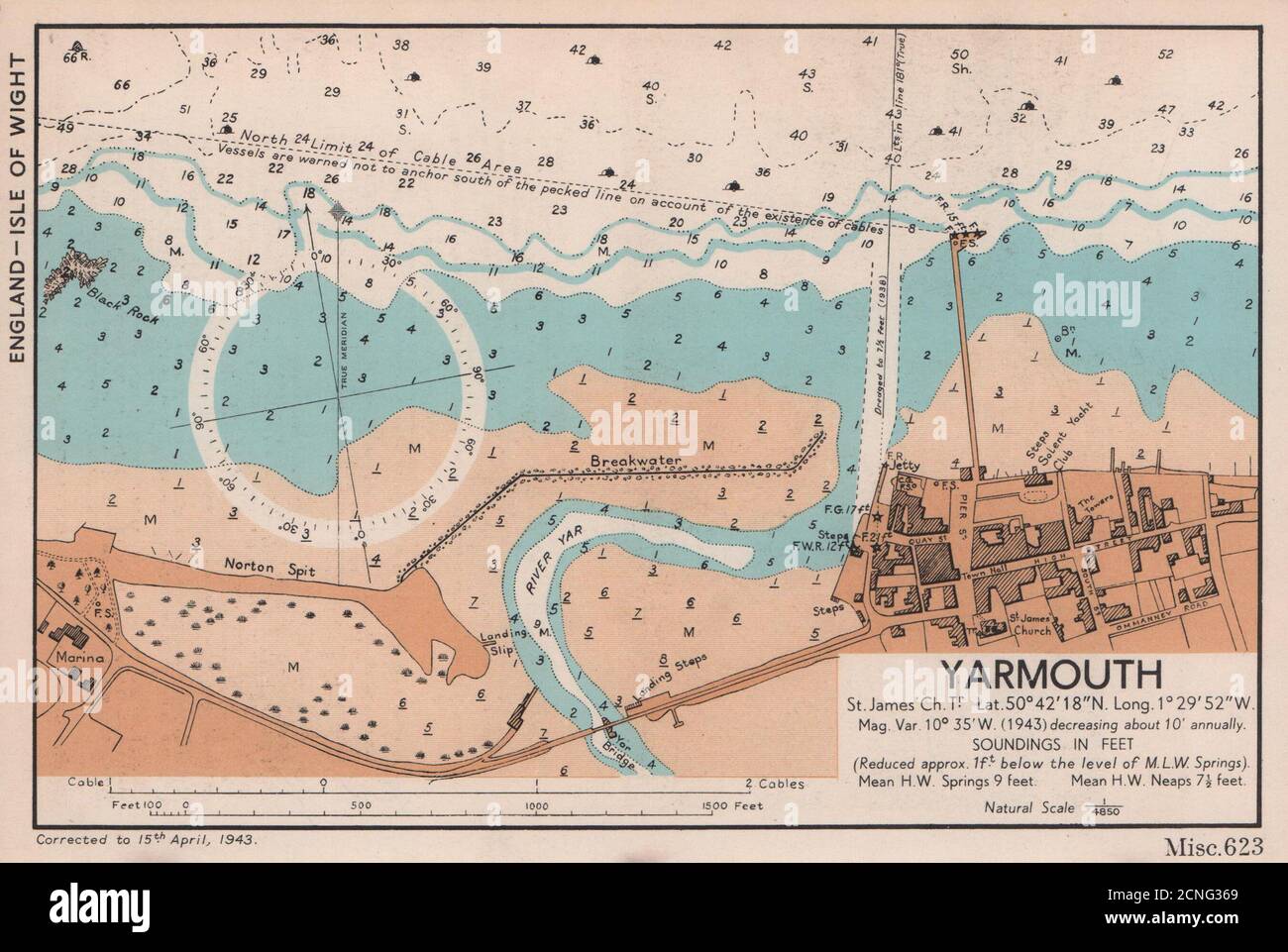 Yarmouth town plan & sea coast chart. Isle of Wight. ADMIRALTY 1943 old ...