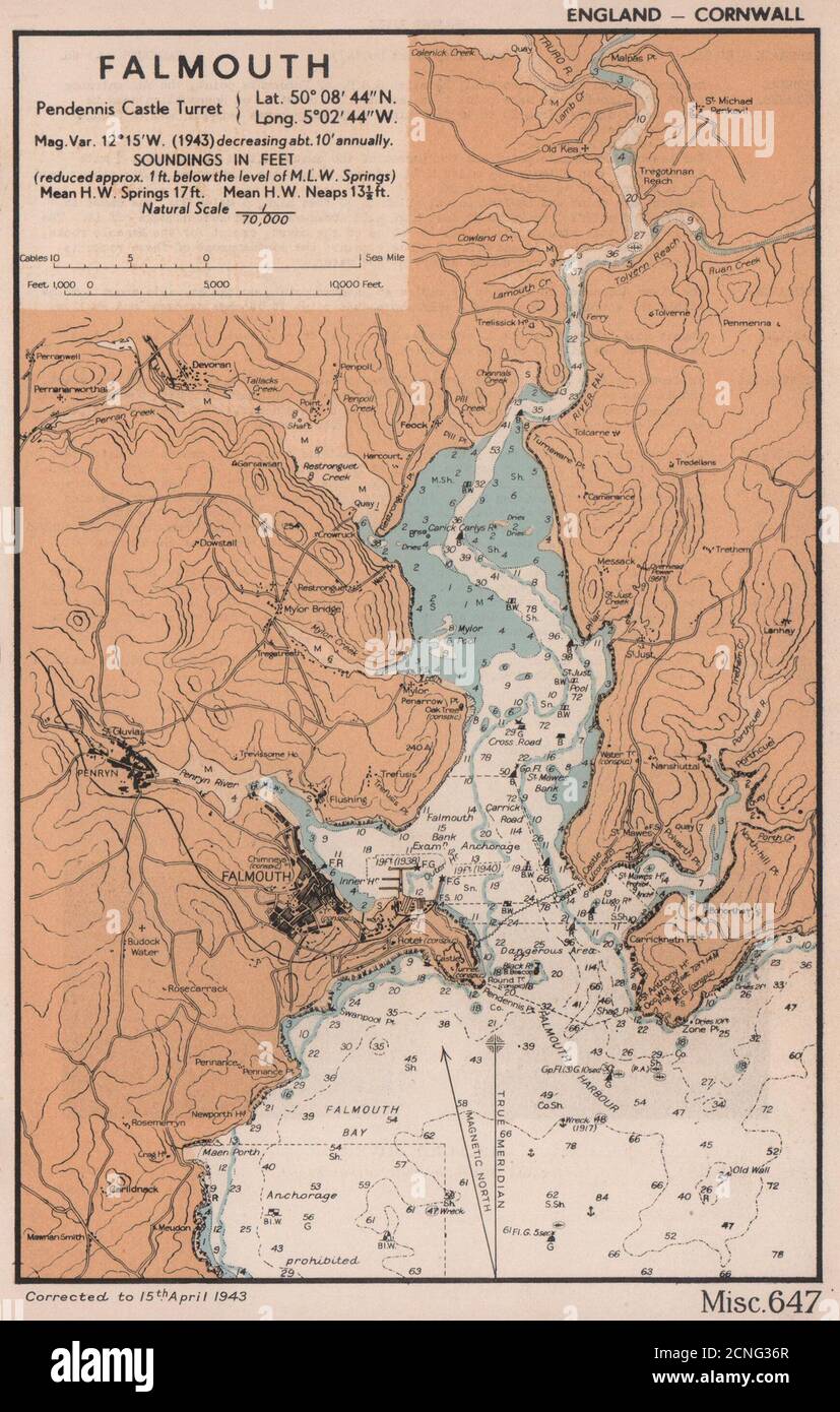 Falmouth, Penryn & St Mawes sea coast chart. Cornwall. ADMIRALTY 1943 ...