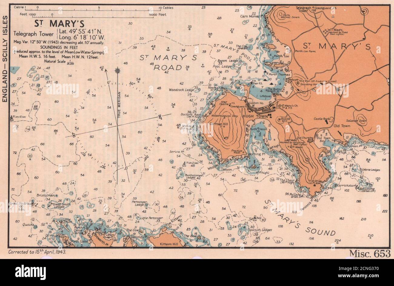 St Mary's sea coast chart. Hugh Town. Scilly Isles. ADMIRALTY 1943 old ...