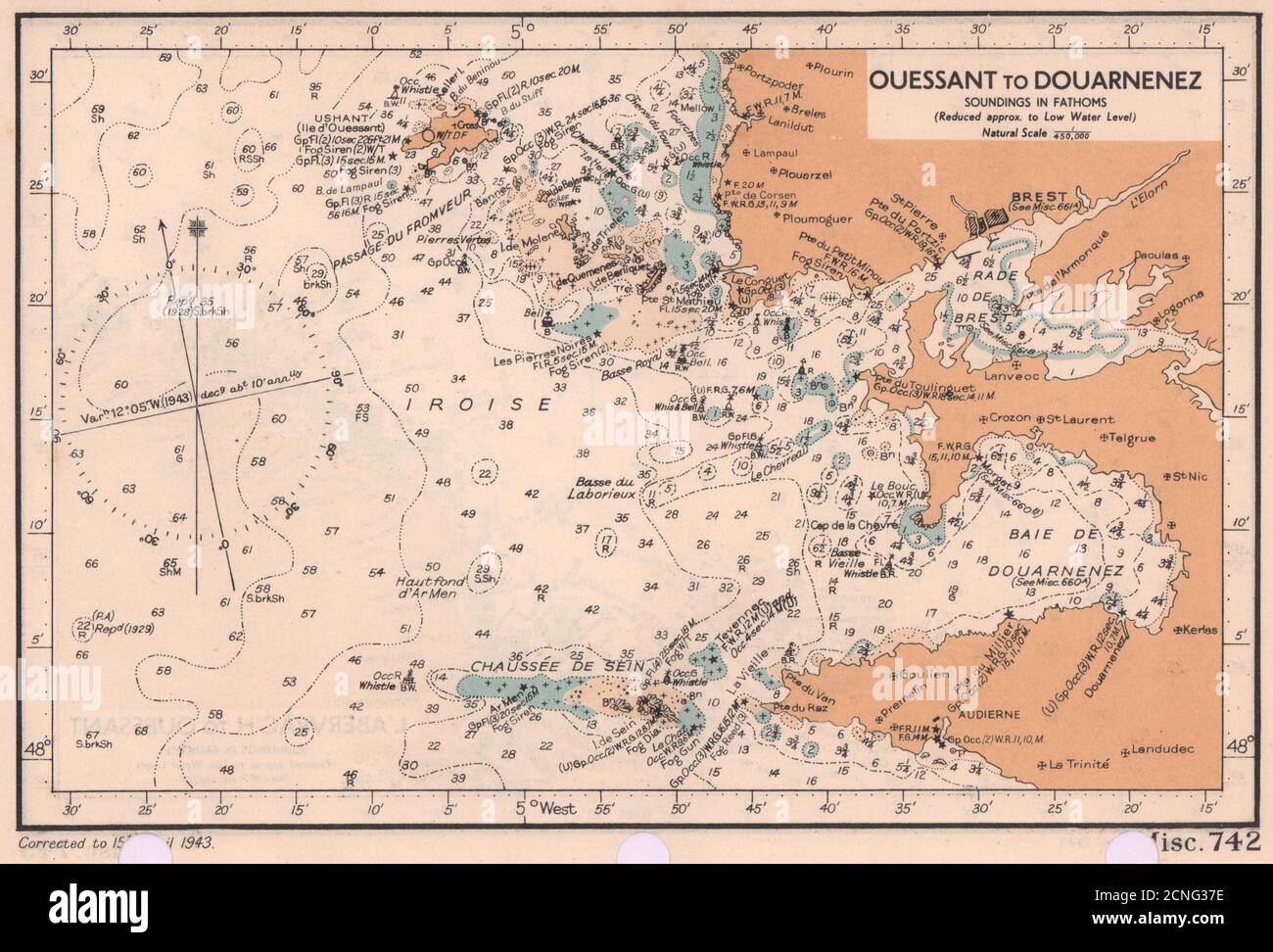 Ouessant - Douarnenez sea coast chart. Finistère. ADMIRALTY 1943 old ...