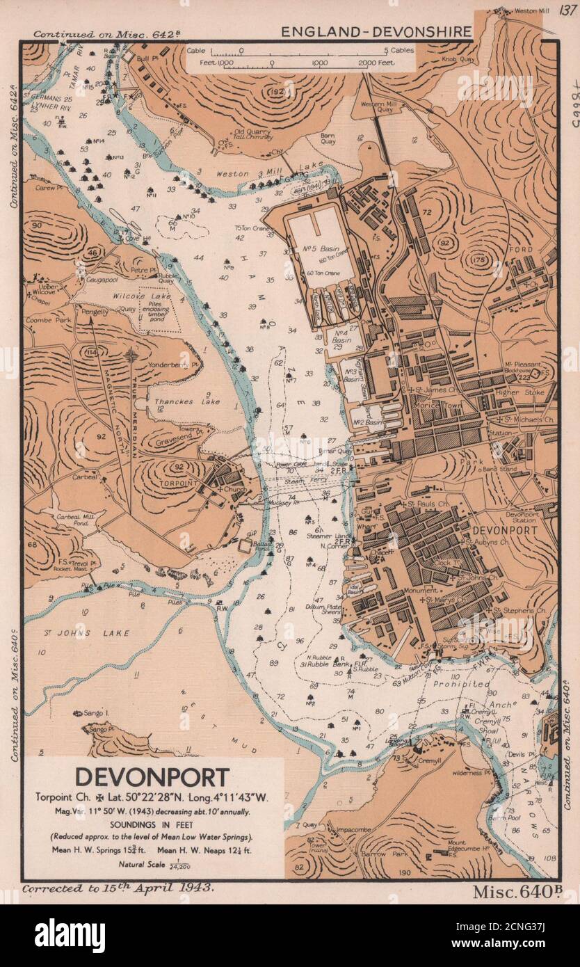 Devonport town plan & sea coast chart. Devon. ADMIRALTY 1943 old ...