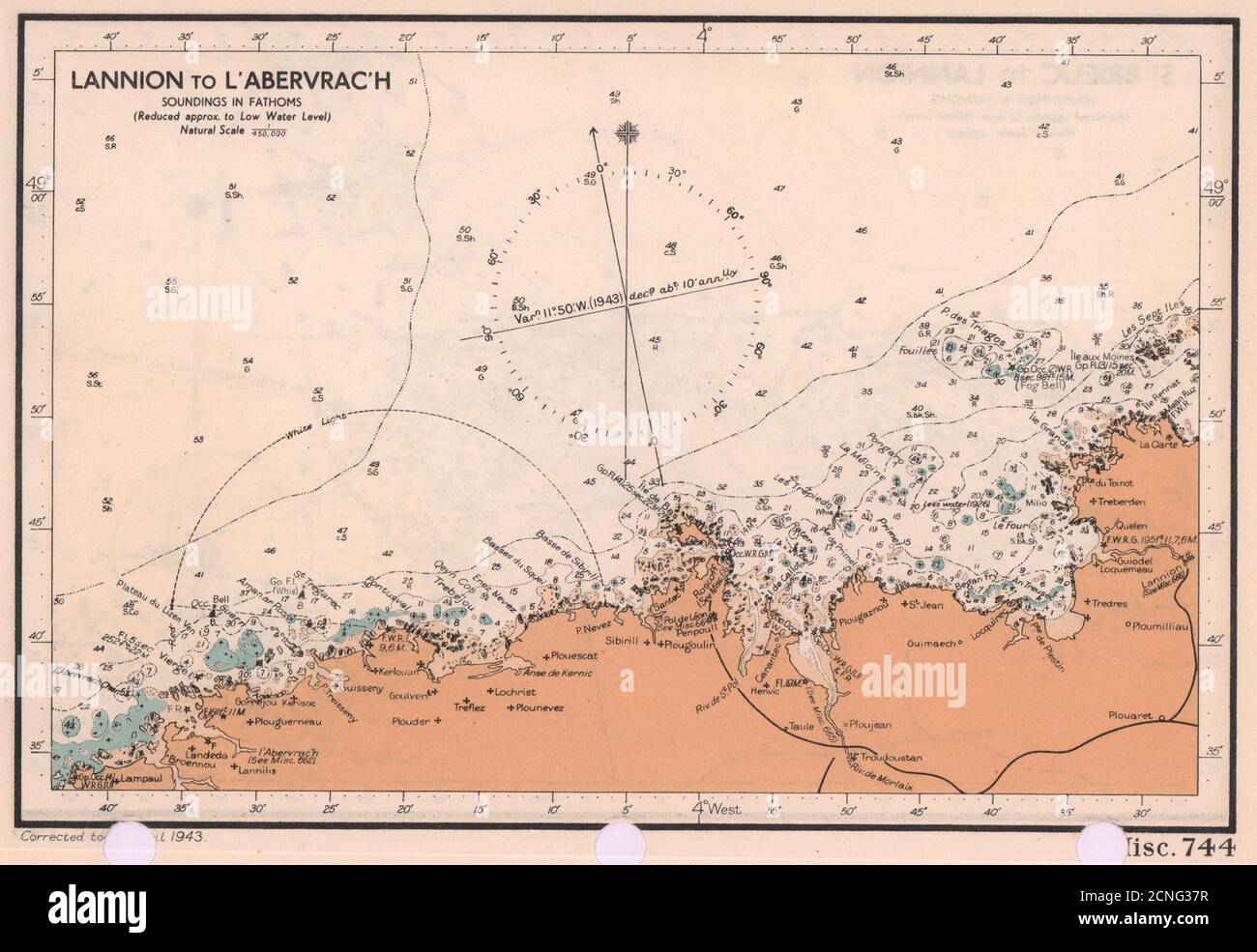 Lannion - L'Abervrac'h sea coast chart. Finistère. ADMIRALTY 1943 old ...