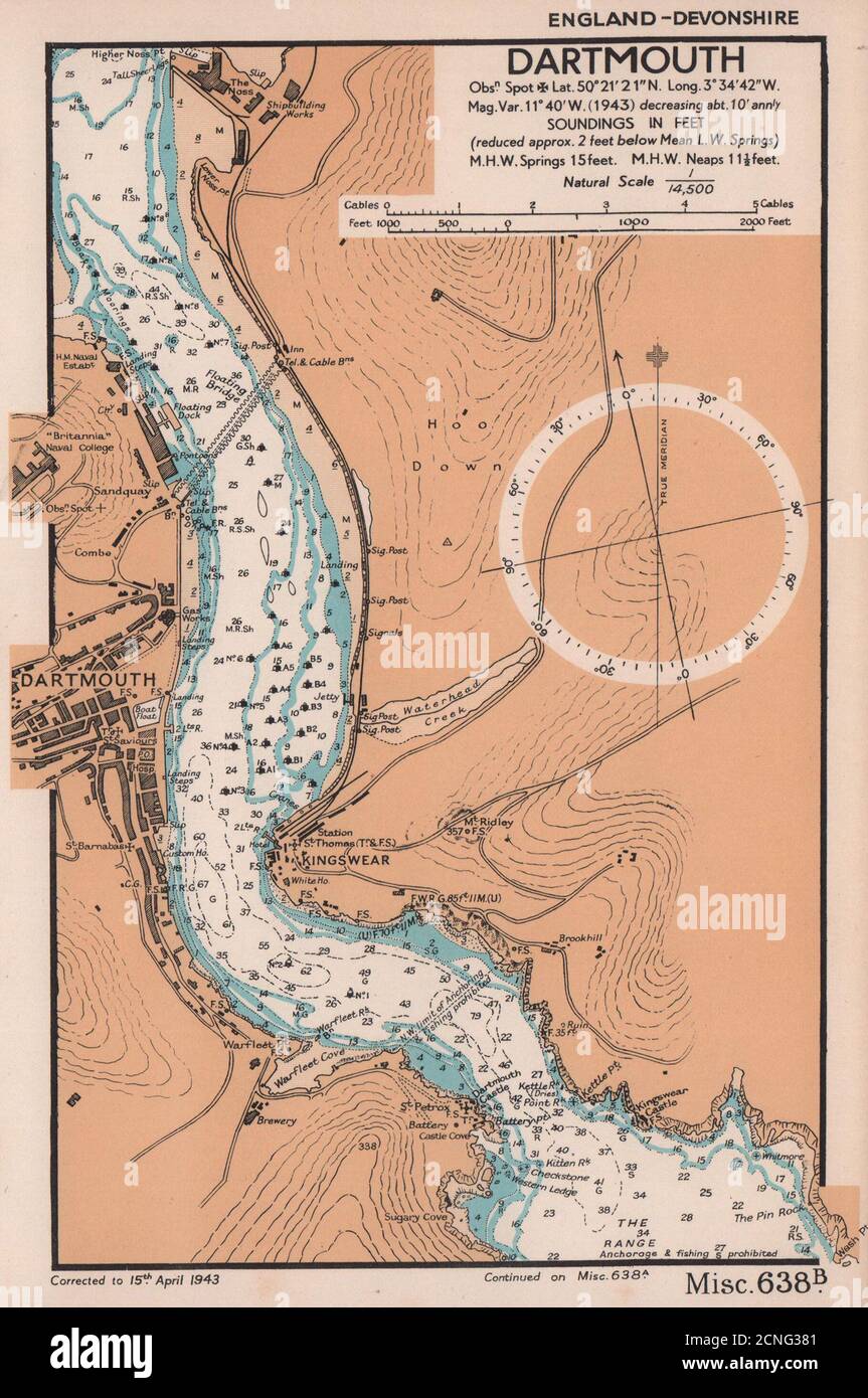Dartmouth & Kingswear sea coast chart. Devon. ADMIRALTY 1943 old ...