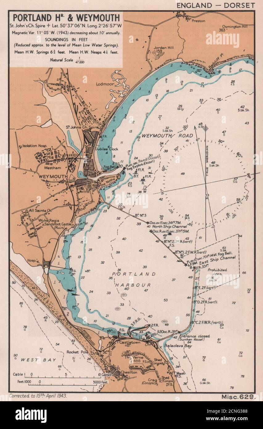 Portland Harbour & Weymouth sea coast chart. Chesil, Dorset. ADMIRALTY ...