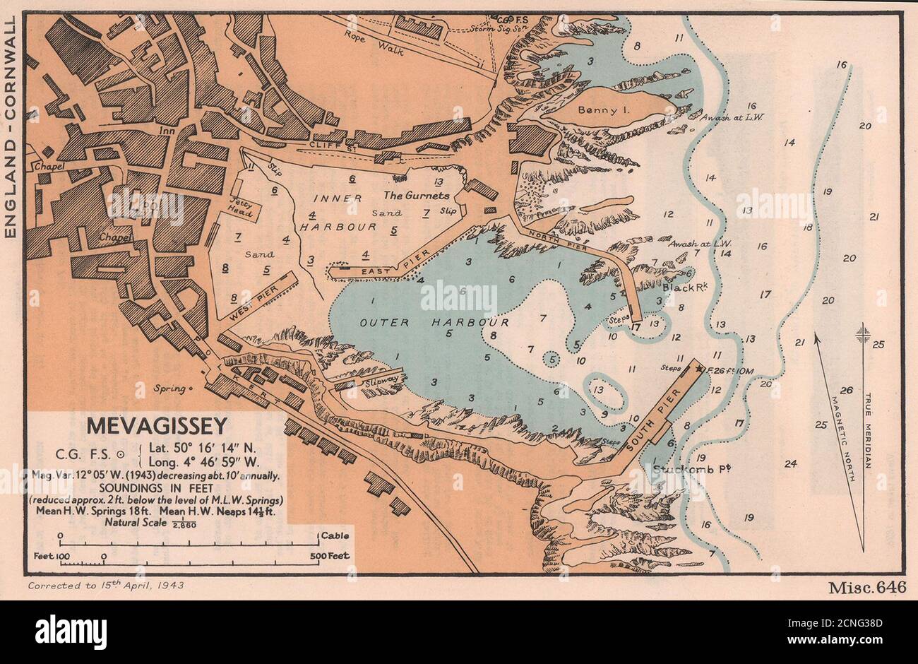 Mevagissey town plan & sea coast chart. Cornwall. ADMIRALTY 1943 old ...