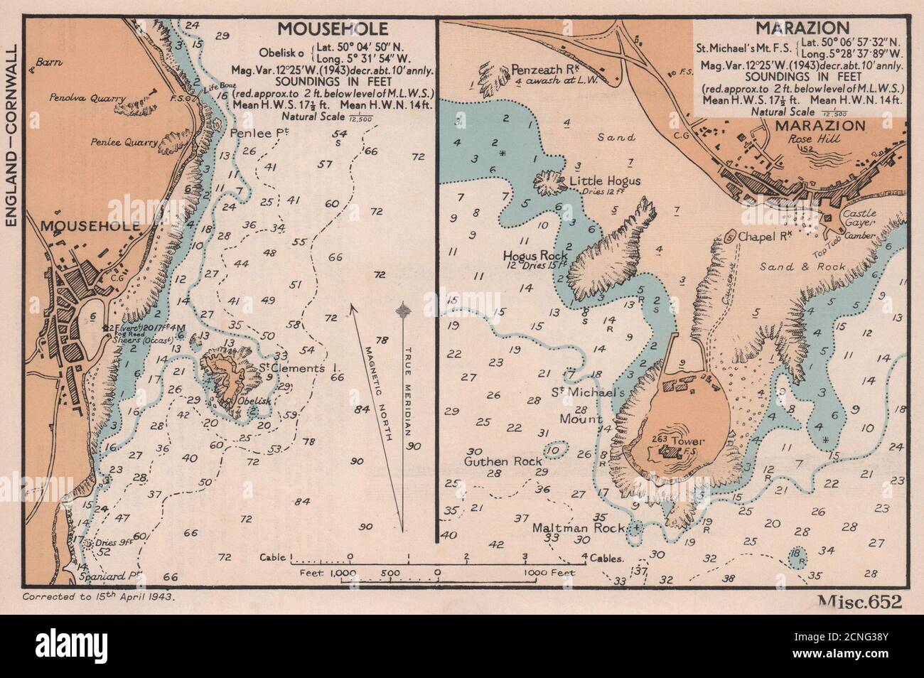 Mousehole & Marazion town plans & sea coast charts. Cornwall. ADMIRALTY ...