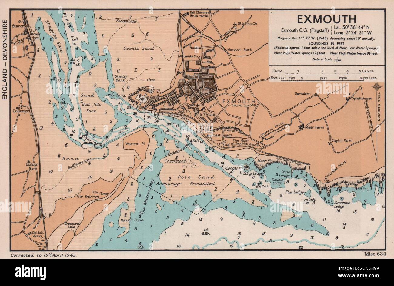 Exmouth town plan & sea coast chart. Devon. ADMIRALTY 1943 old vintage ...