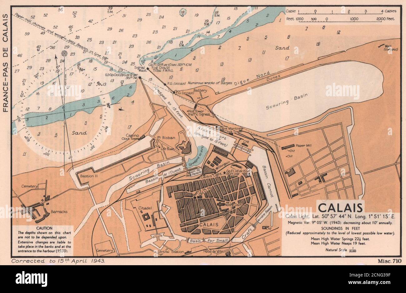 Calais town plan & sea coast chart. D-Day planning map. ADMIRALTY 1943 ...
