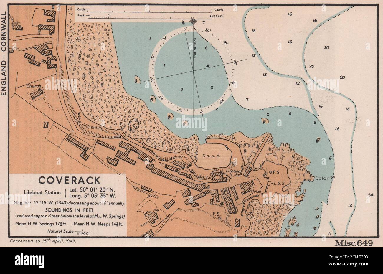 Coverack town plan & sea coast chart. Cornwall. ADMIRALTY 1943 old ...