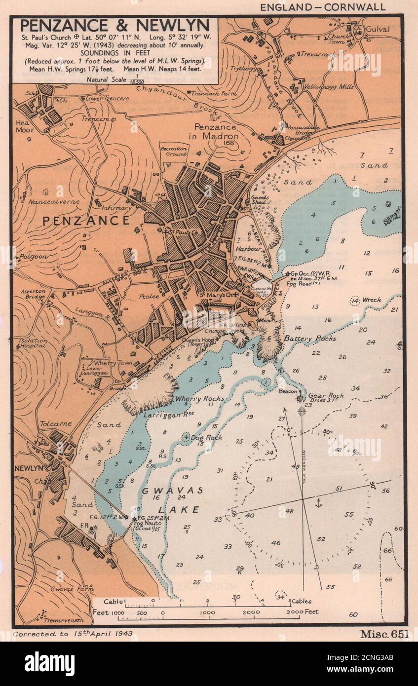 Penzance & Newlyn town plan & sea coast chart. Cornwall. ADMIRALTY 1943 ...