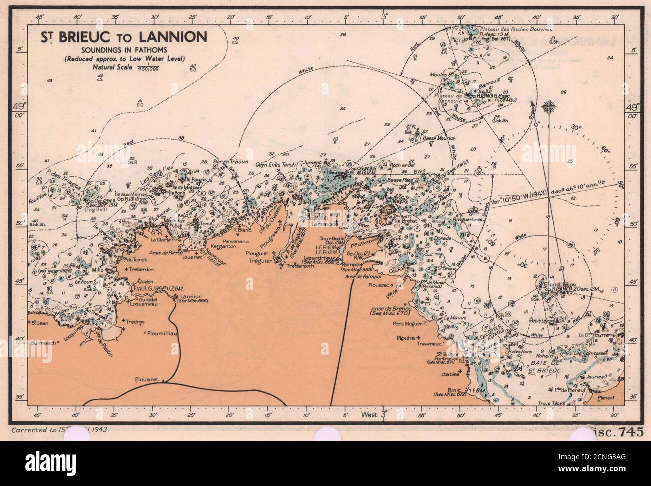 St. Brieuc - Lannion sea coast chart: Côtes-d'Armor. ADMIRALTY 1943 old ...