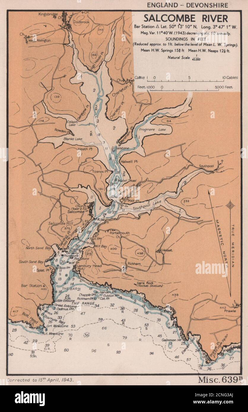 Salcombe River sea coast chart. Kingsbridge. Devon. ADMIRALTY 1943 old ...