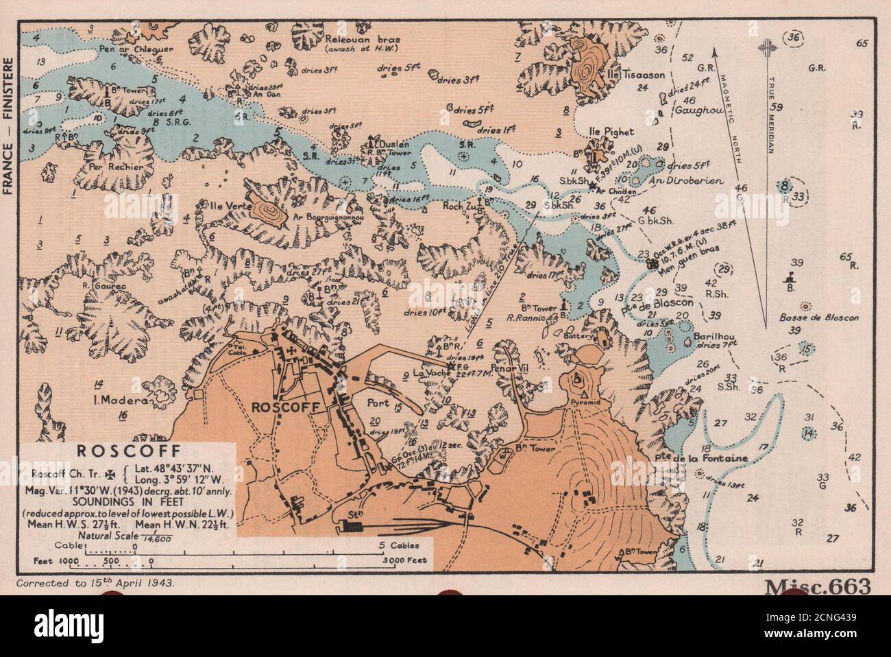 Roscoff town plan & sea coast chart. D-Day planning map Finistère ...