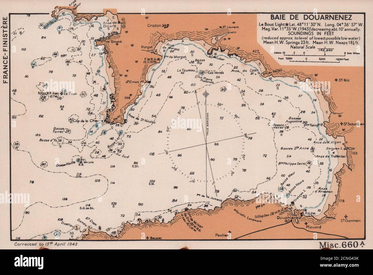 Baie de Douarnenez sea coast chart. D-Day planning map. Finistère ...
