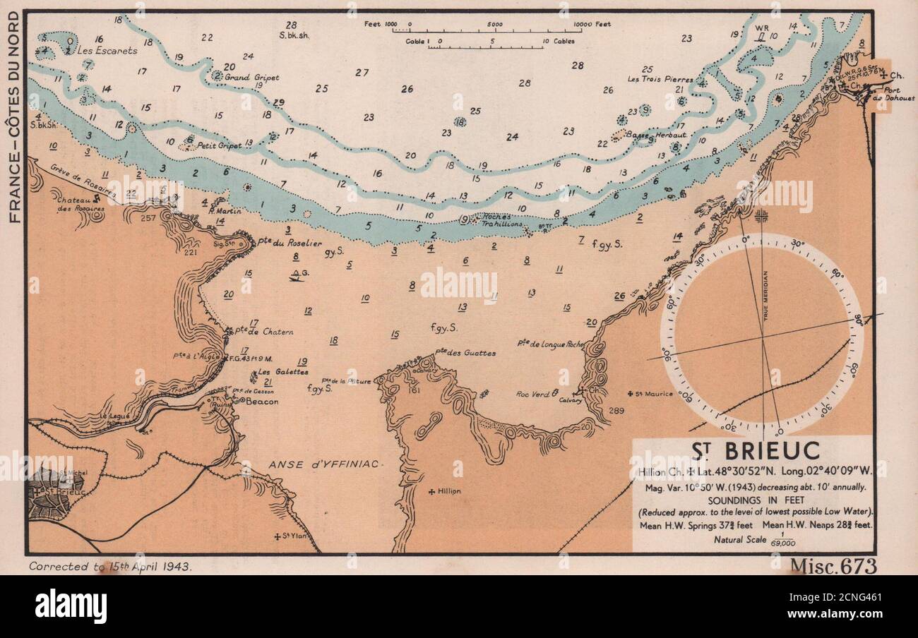 Saint-Brieuc sea coast chart. D-Day planning map. Côtes-d'Armor ...