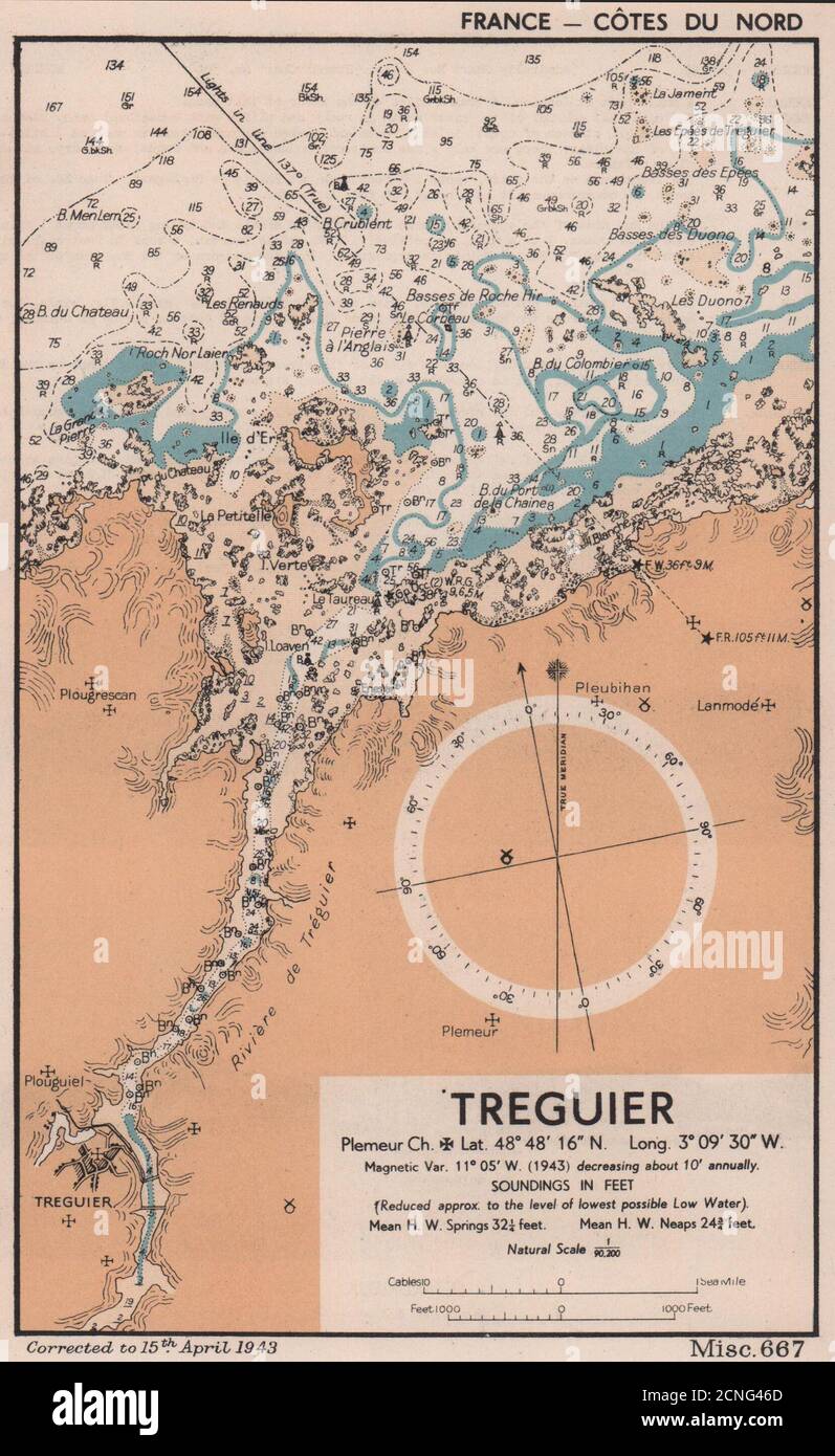 Treguier sea coast chart. D-Day planning map. Côtes-d'Armor. ADMIRALTY ...