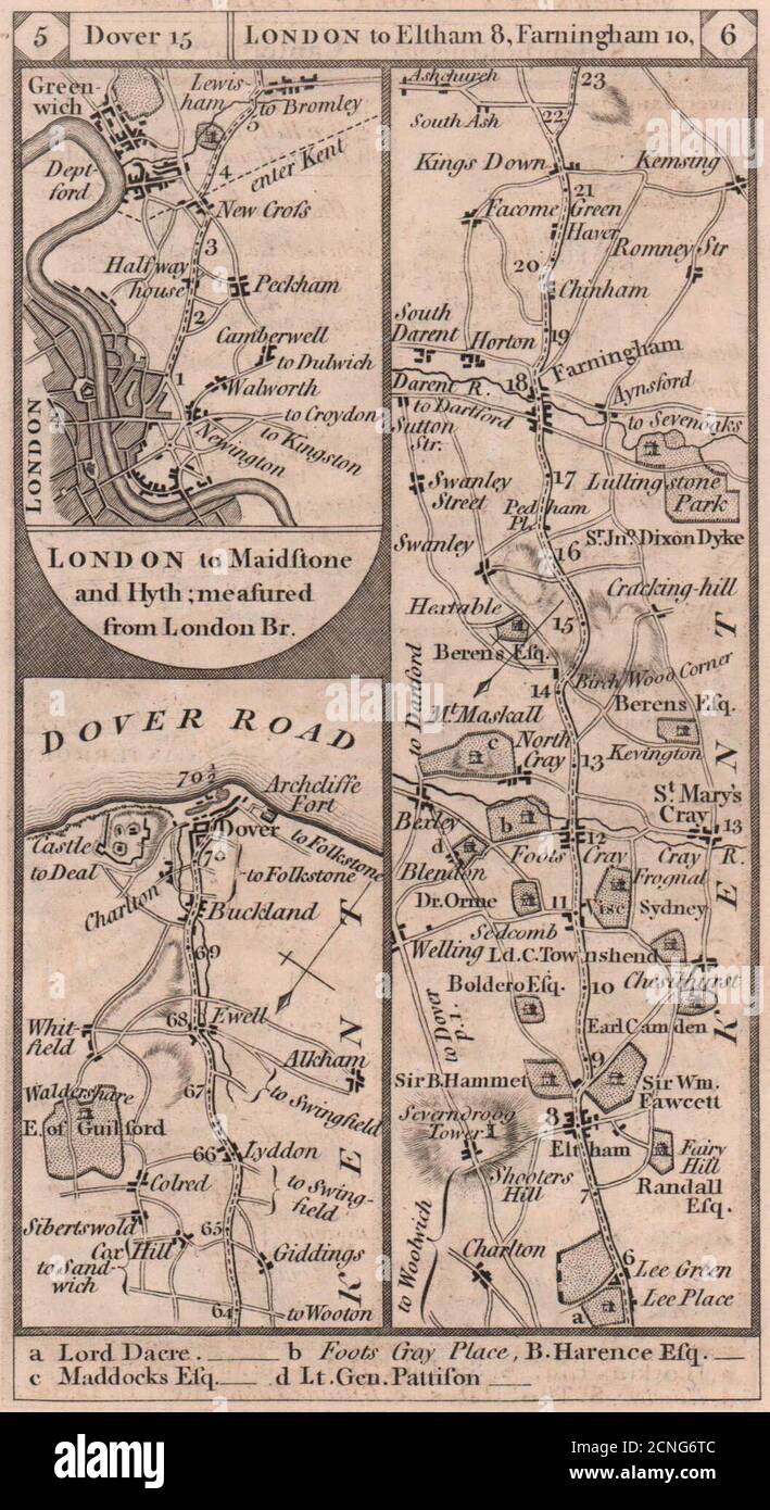 Dover. London - Greenwich road strip map PATERSON 1803 old antique chart Stock Photo - Alamy