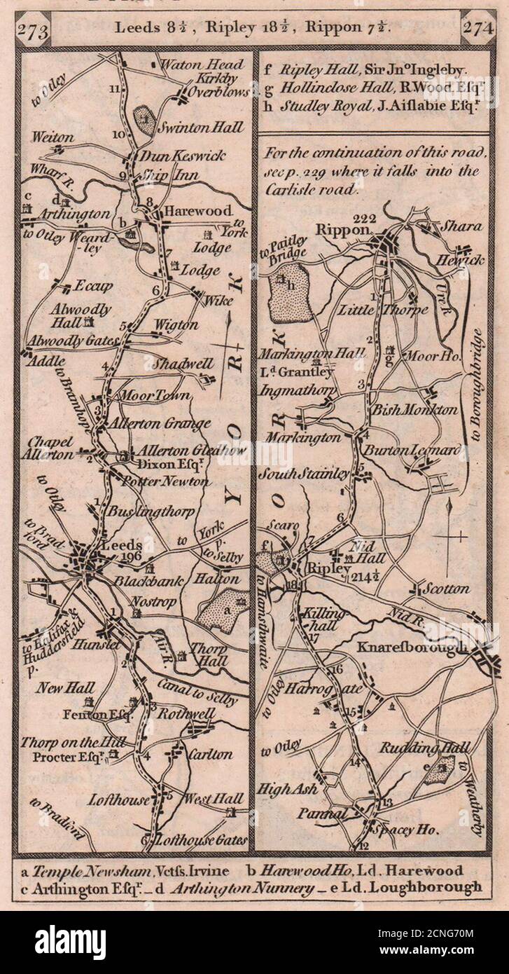 Leeds-Harewood-Knaresborough-Ripley-Ripon road strip map PATERSON 1803 ...