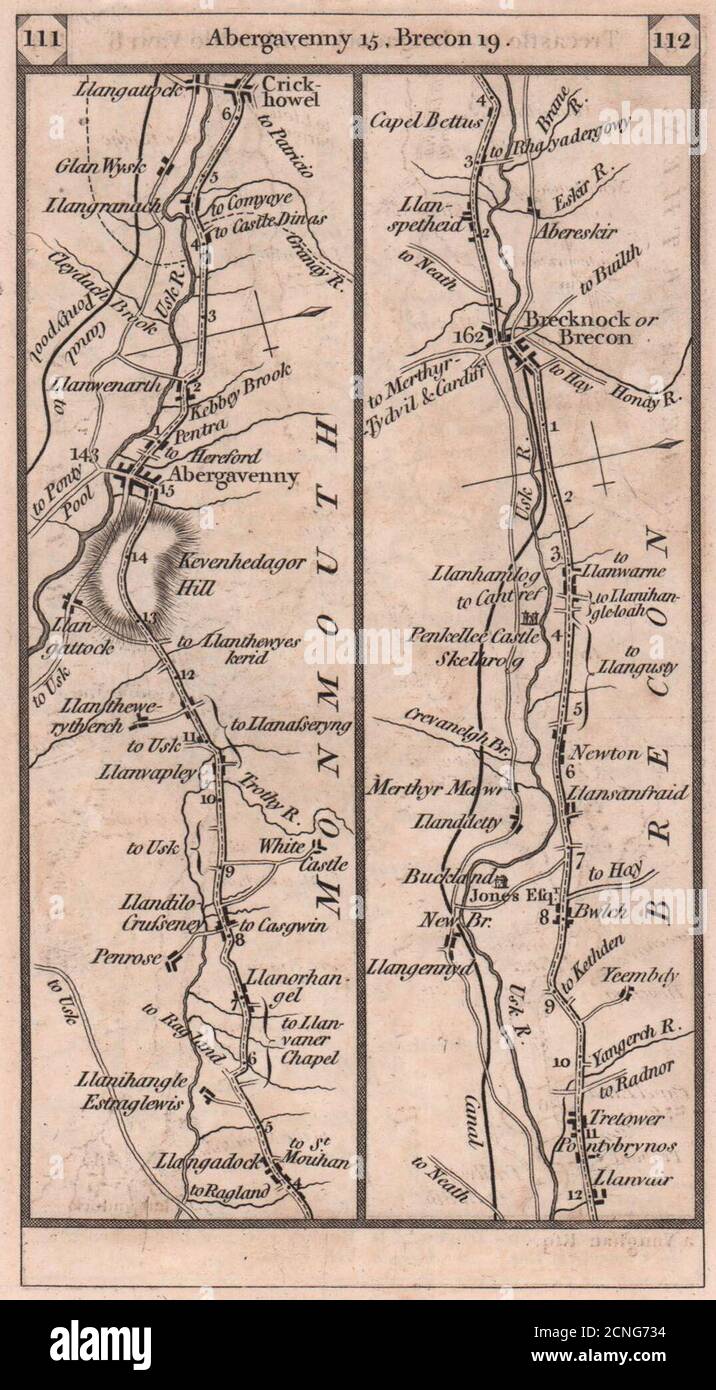Abergavenny - Crickhowell - Brecon road strip map PATERSON 1803 old ...