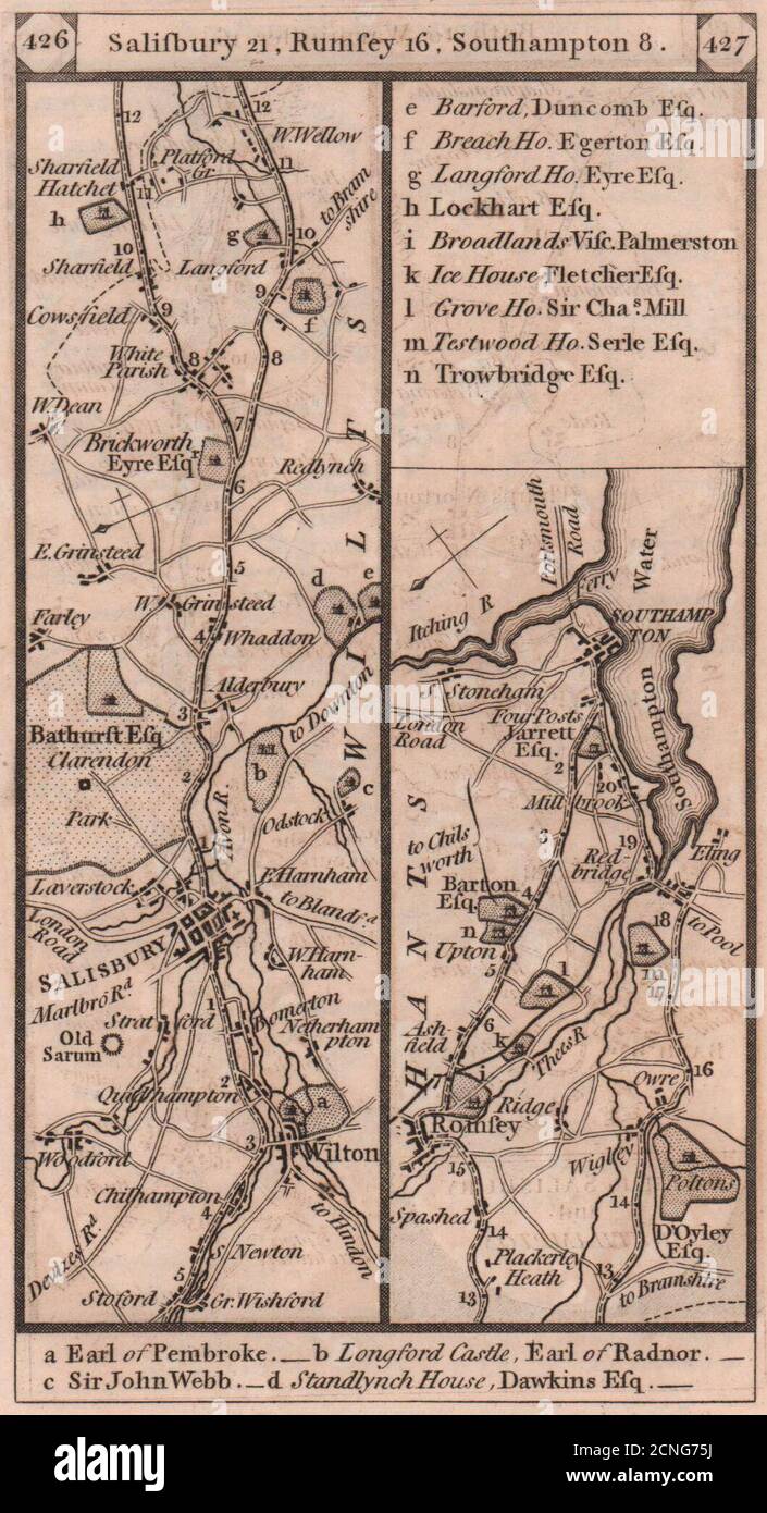 Wilton - Salisbury - Romsey - Southampton road strip map PATERSON 1803 ...