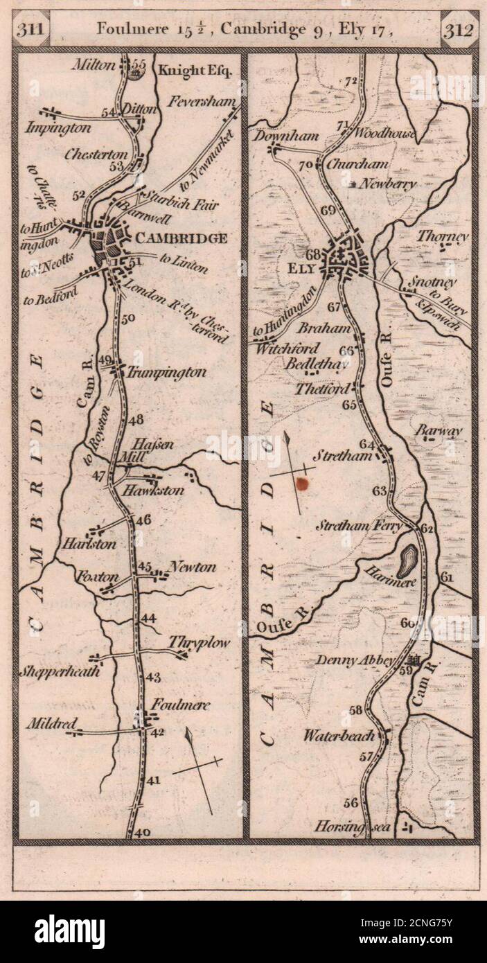 Cambridge - Ely road strip map PATERSON 1803 old antique plan chart ...