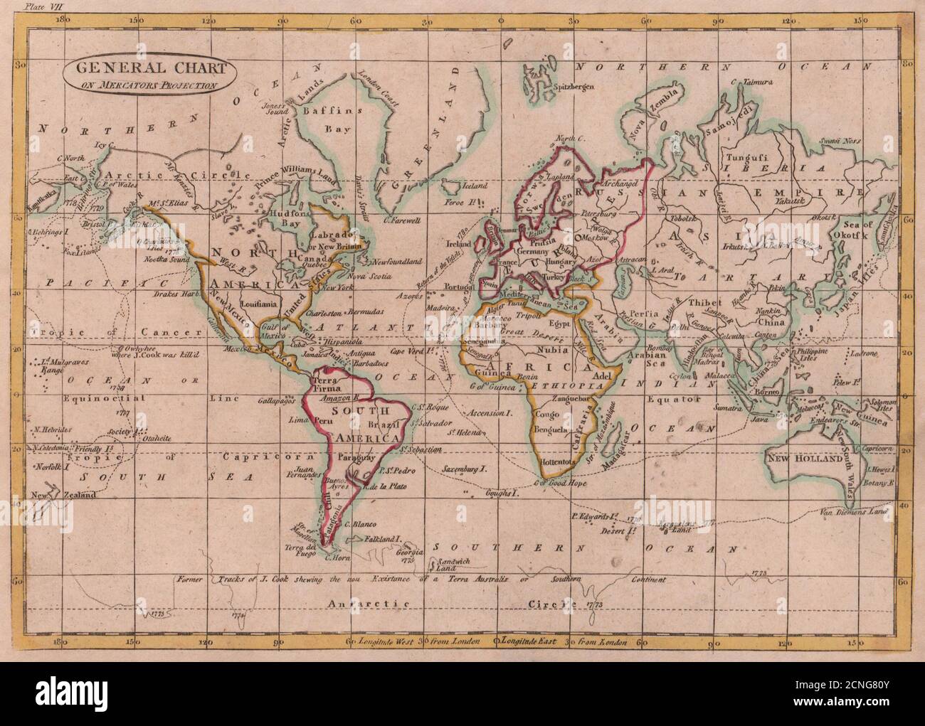 General Chart on Mercators Projection. World. Cook's route. PAYNE 1798 ...