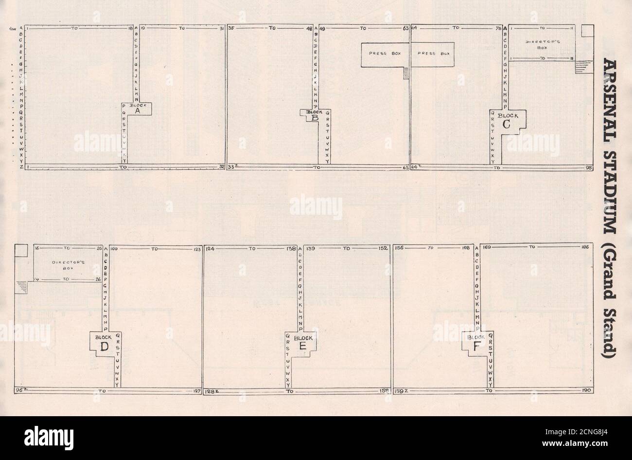 ARSENAL HIGHBURY STADIUM GRANDSTAND vintage seating plan blocks A B C D ...