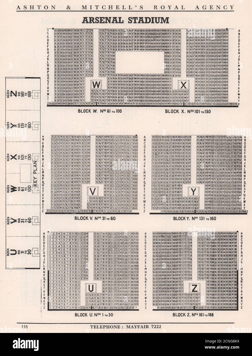 ARSENAL HIGHBURY STADIUM vintage seating plan blocks U V W X Y Z ...