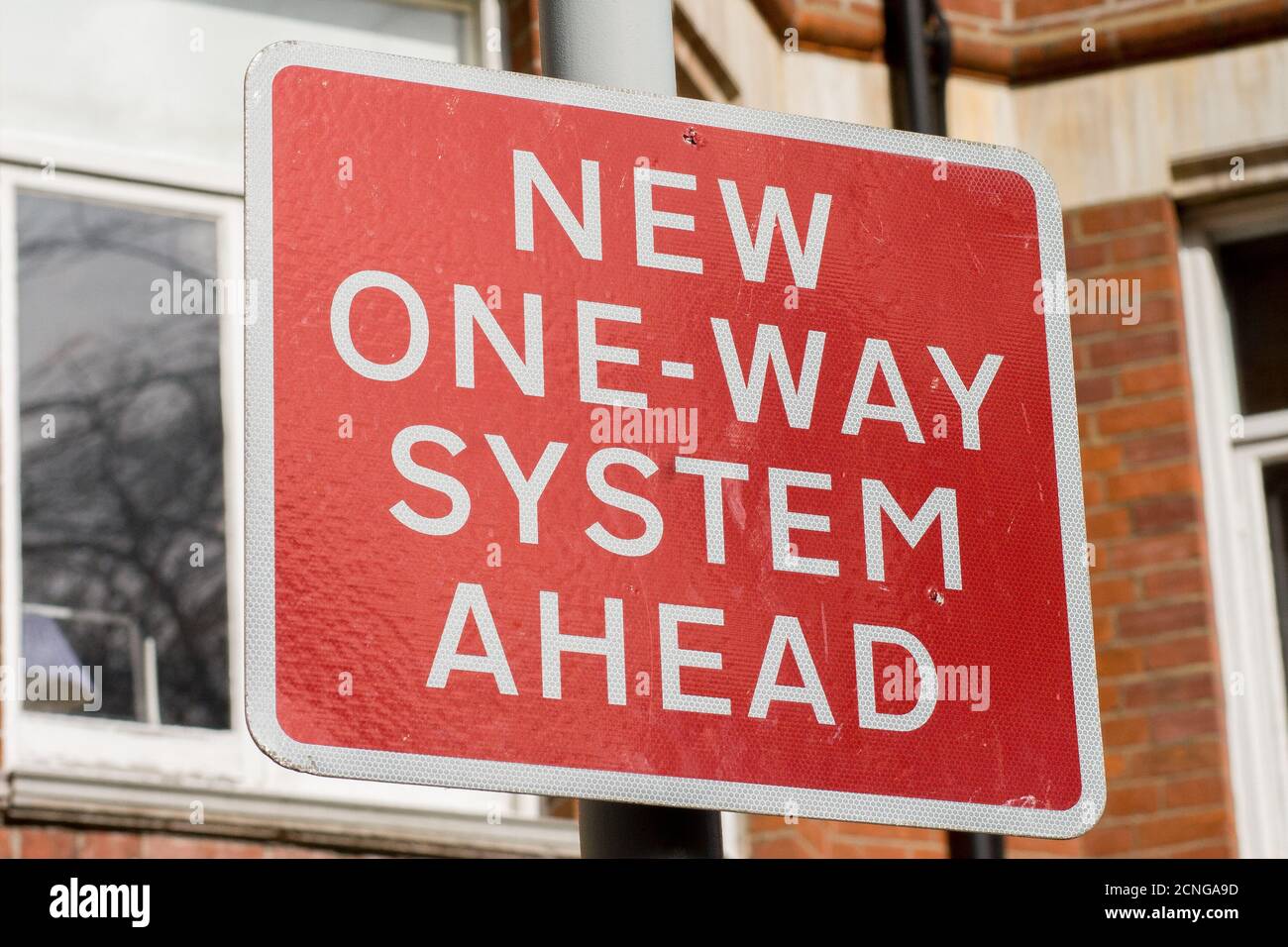 Street sign saying new one way system ahead. 01 April 2009. Photo: Neil ...