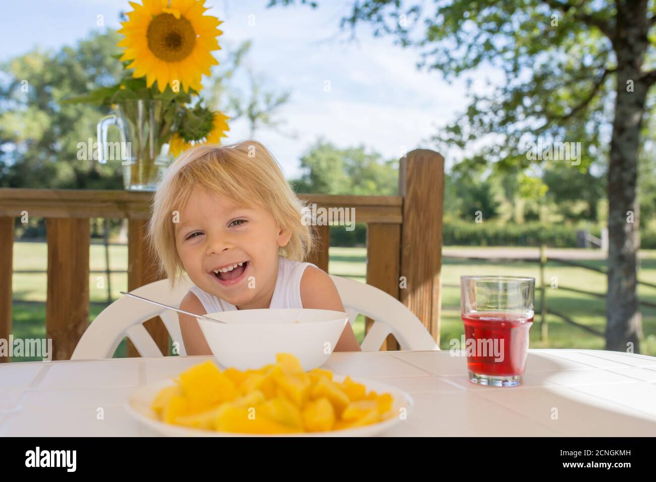 Child, toddler boy, having breakfast in the morning, sitting on porch ...
