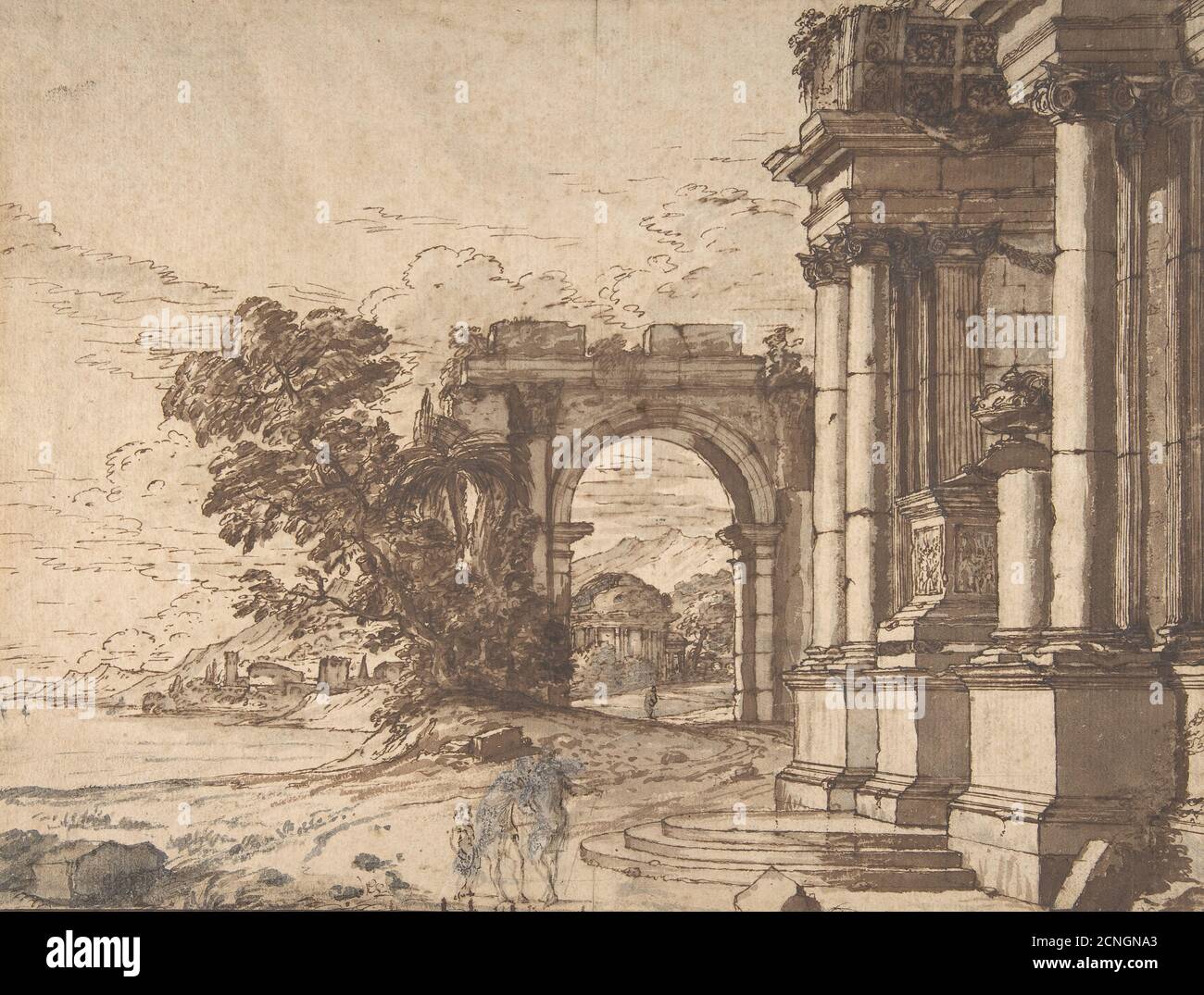 Landscape with Classical Architecture by a Lake, 17th century Stock ...