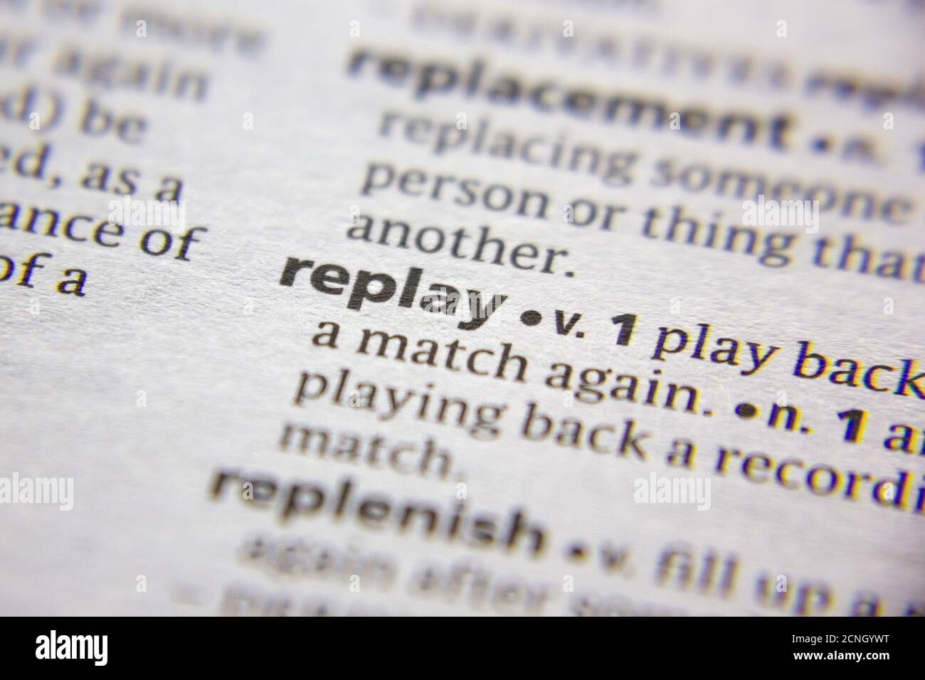 Word or phrase Replay in a dictionary Stock Photo - Alamy