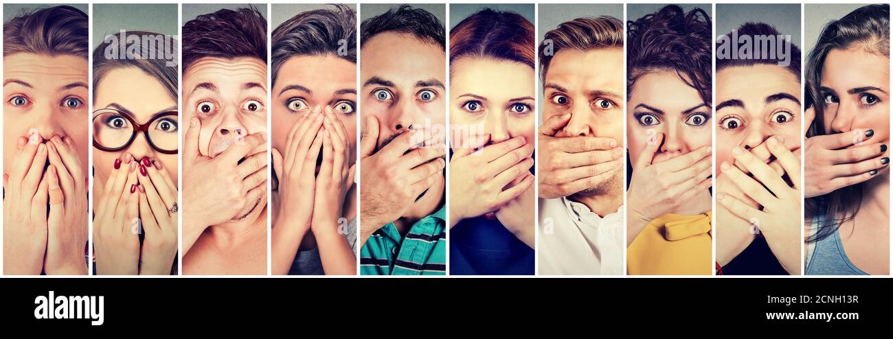 Group of shocked people men and women covering their mouth with hands ...