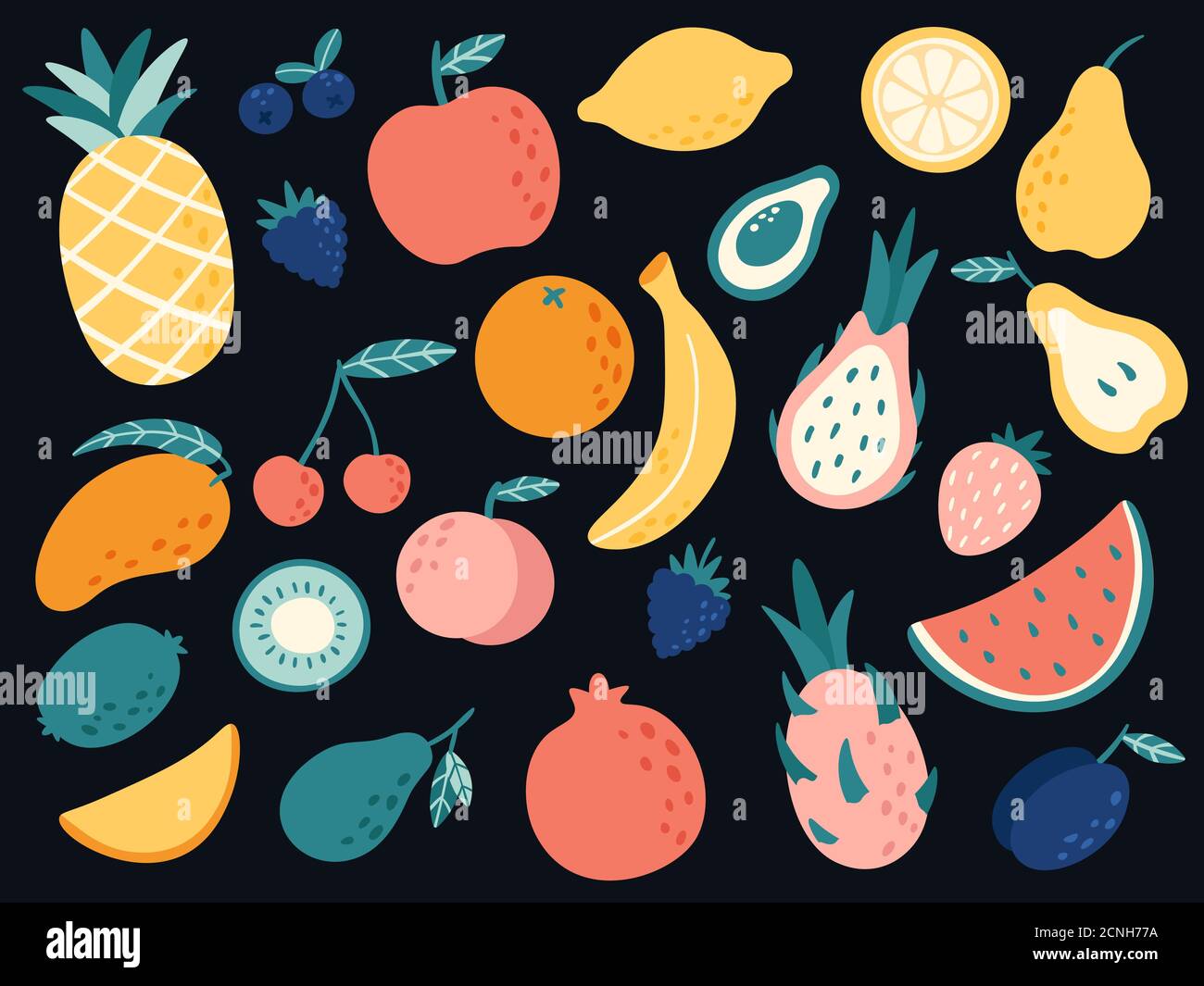 Hand drawn tropical fruits. Organic apple, banana, lemon and pear ...