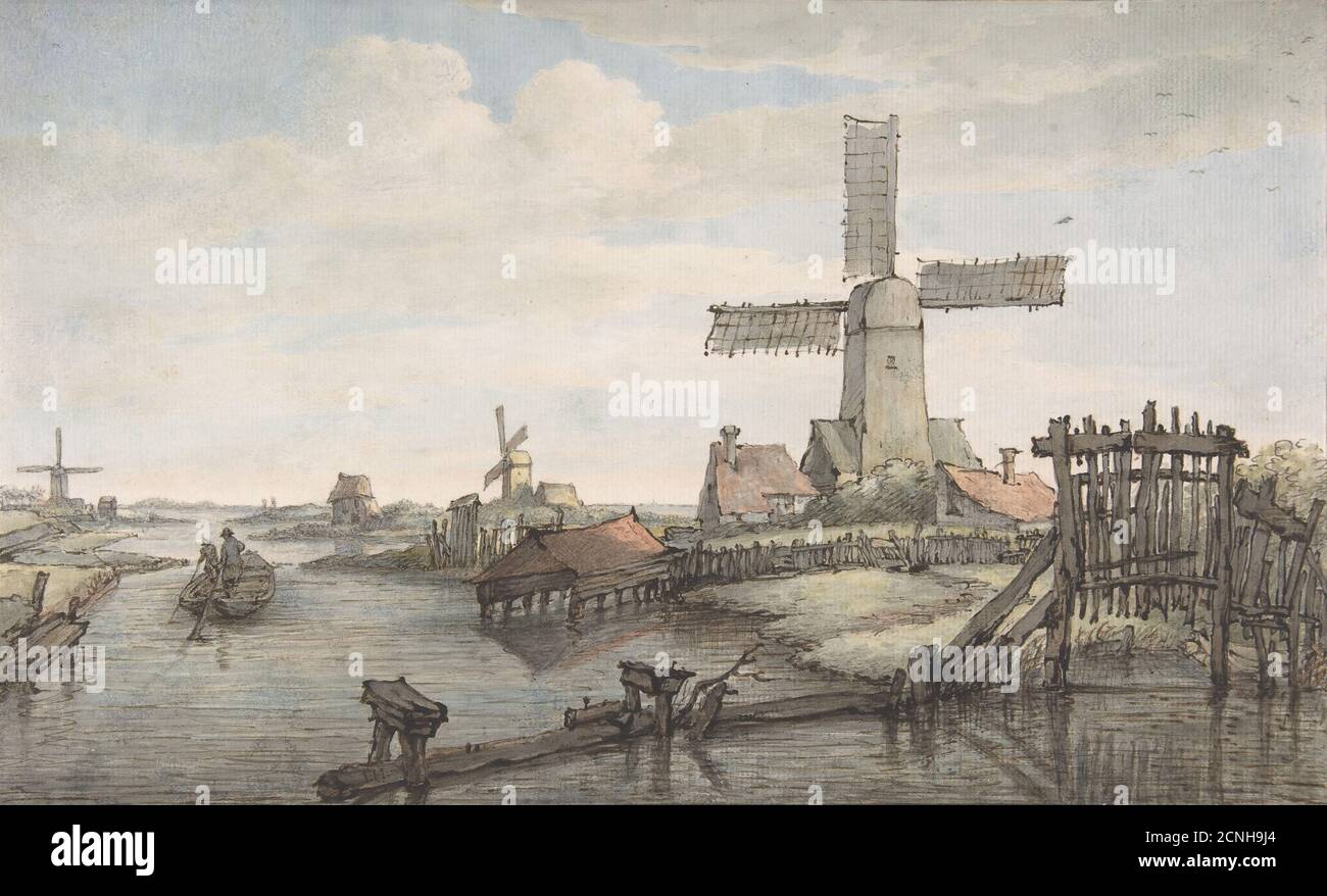 View of a Canal with Three Windmills, late 18th-early 19th century ...