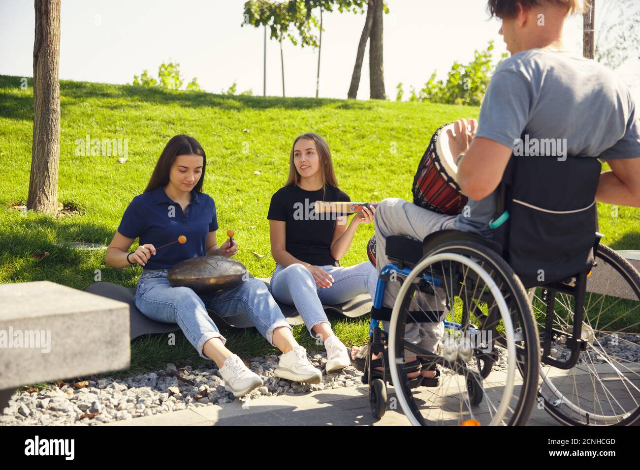 Inspiration. Happy caucasian handicapped man on a wheelchair spending ...